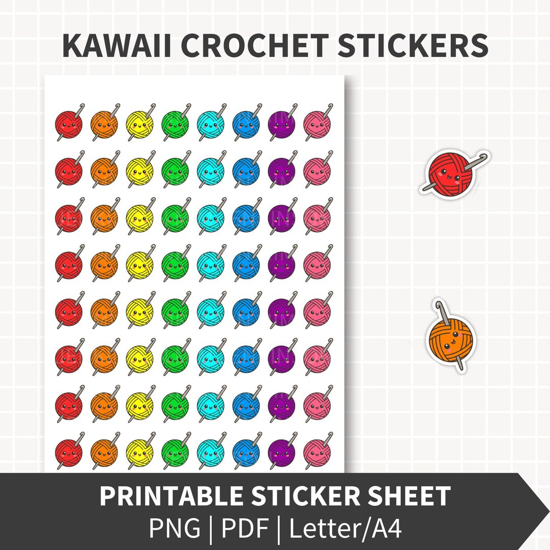 KAWAII Crochet Stickers Printable, Rainbow Crochet Ball & Hook Icons 0 ...