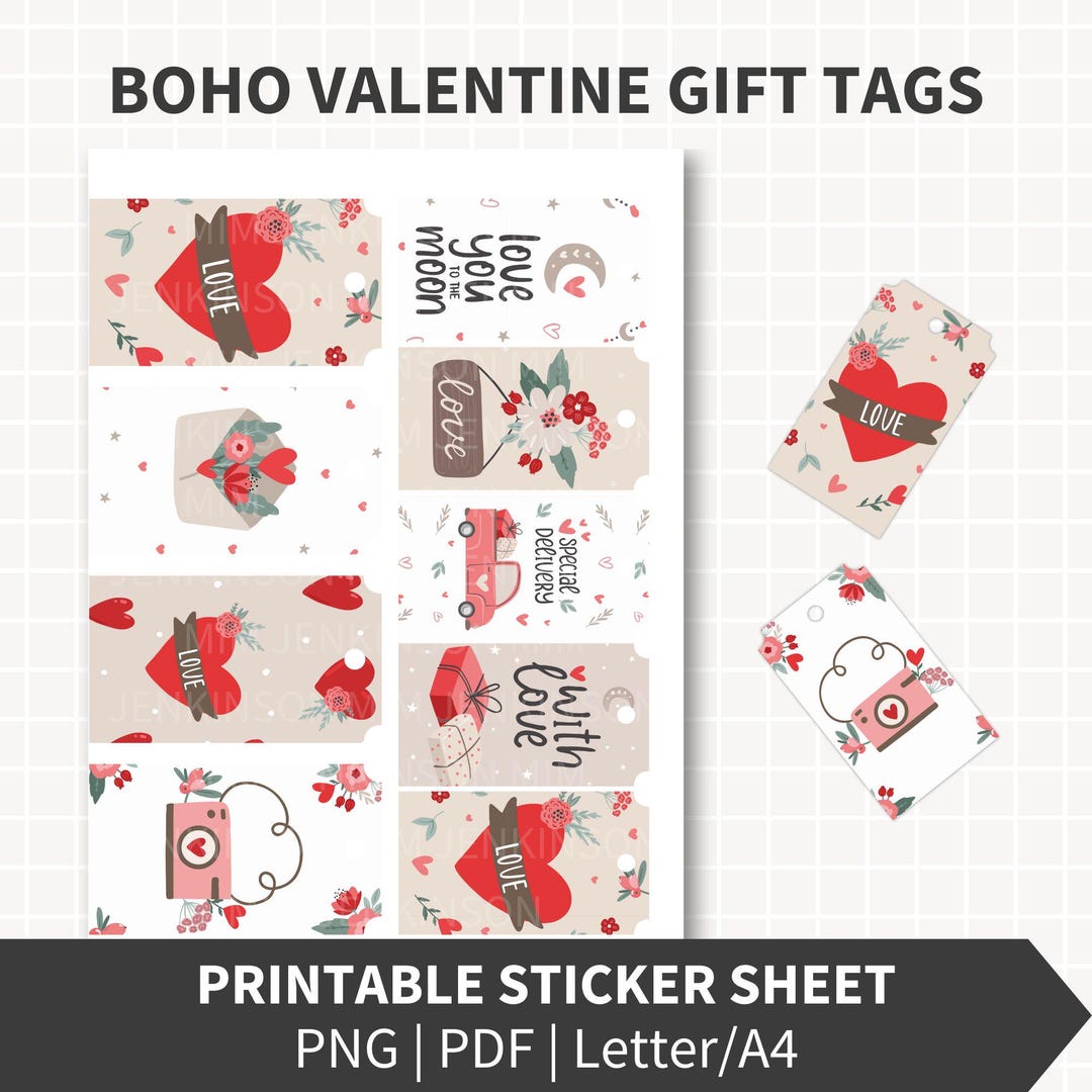 BOHO Valentine Printable Gift Tag Stickers, Love Themed Favor Tags ...