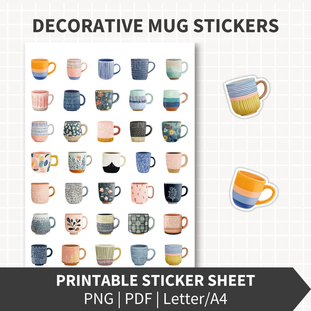 PATTERNED MUG Stickers Printable, Blue Gold Pink Coffee Cups, Day Daily ...