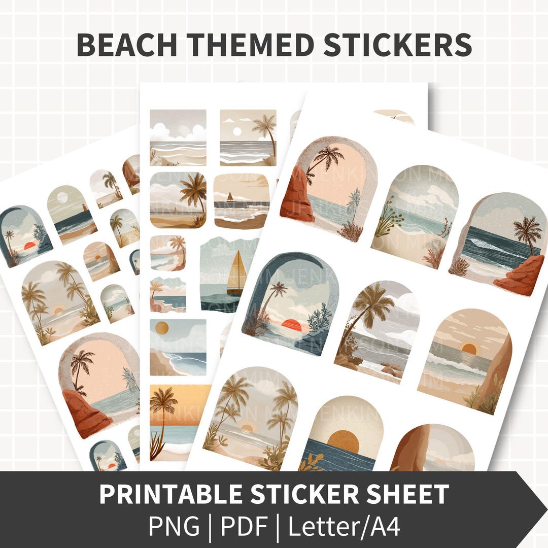 BEACH Square Boxes Arches Printable Stickers, Decorative Illustration ...