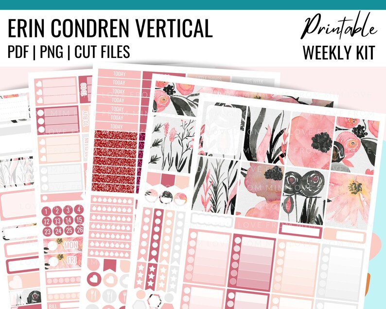 PRINTABLE FLOWERS Planner Stickers, Erin Condren Vertical Planner ...