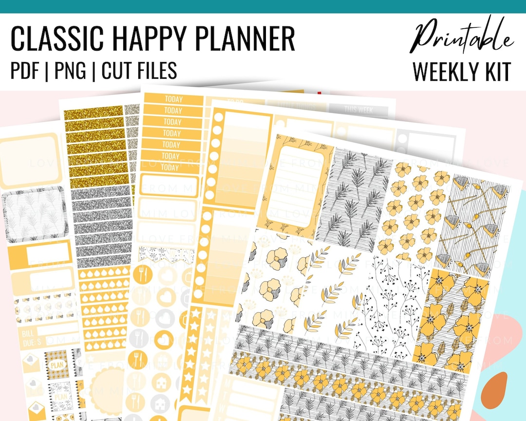 PRINTABLE FLORAL Yellow Planner Stickers, Classic Happy Planner, Floral ...