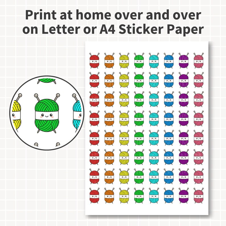 KAWAII Knitting Stickers Printable, Rainbow Yarn & Needle Icons 0.8x1 ...