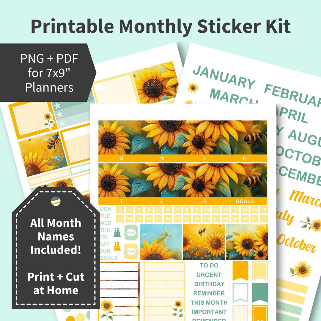JUNE Monthly Kit Printable Stickers, Sunflowers Bees Summer Spring ...
