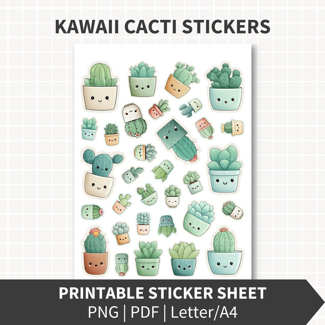 KAWAII CACTI Printable Stickers, Cute Cactus Planner Stickers, Japanese ...