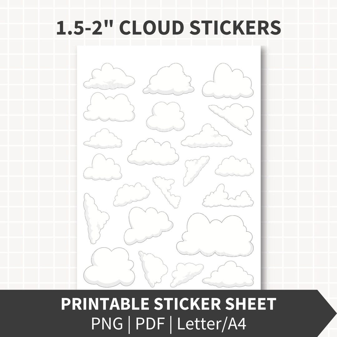 CLOUD Printable Stickers, Illustrated Cloud Sticker Sheet, 1.5–2 Inch ...
