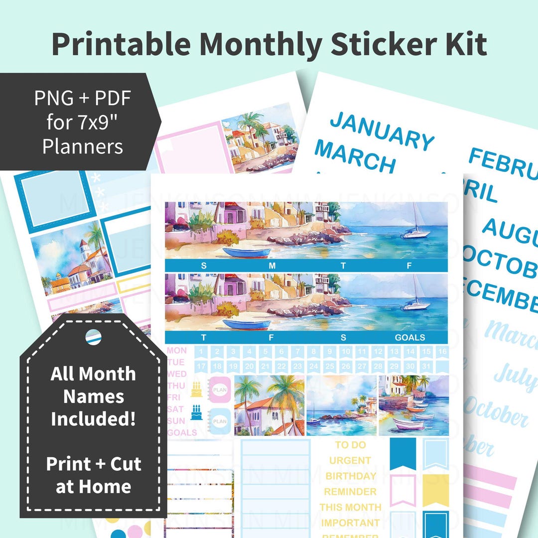 PRINTABLE COASTAL Monthly Planner Stickers Kit, Month Sticker Set, Erin ...