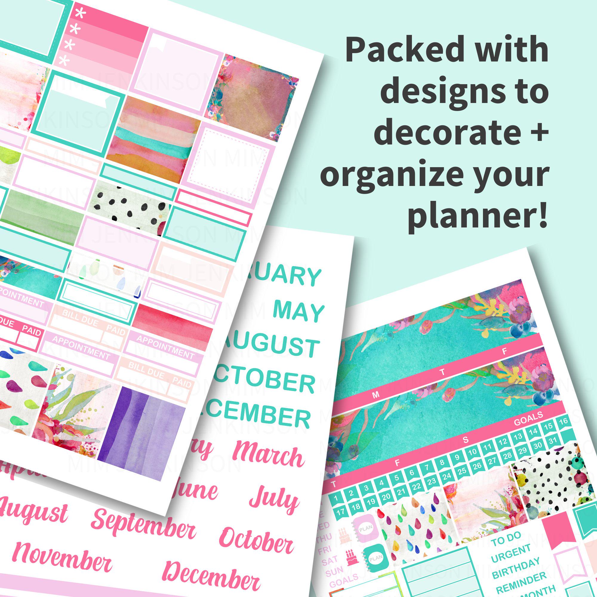 WATERCOLOR FLORAL Monthly Printable Planner Stickers Kit, Undated Month ...
