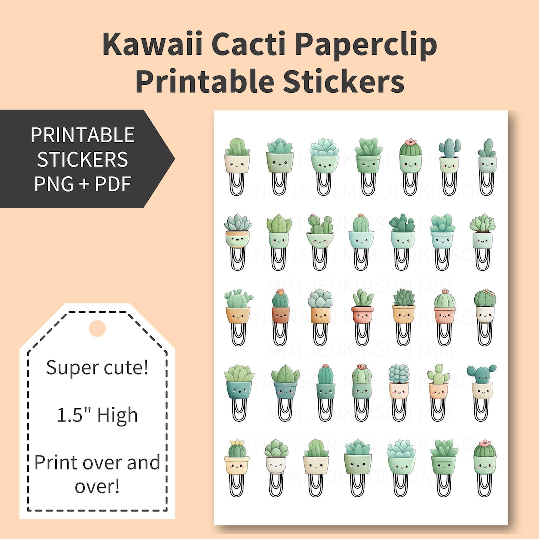 KAWAII CACTI Printable Paperclip Planner Stickers, Mini Cactus Paper Clip Clip Art Clipart ...