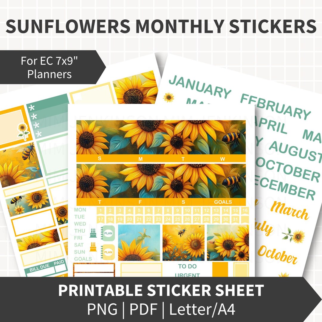 SUNFLOWERS Printable Planner Stickers for Erin Condren, Monthly Kit ...