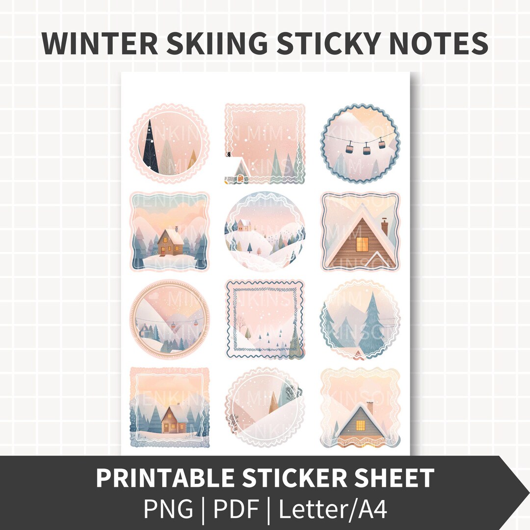 WINTER SKI Sticky Notes Printable Stickers, 2 Inch, 12 Digital Sticky ...