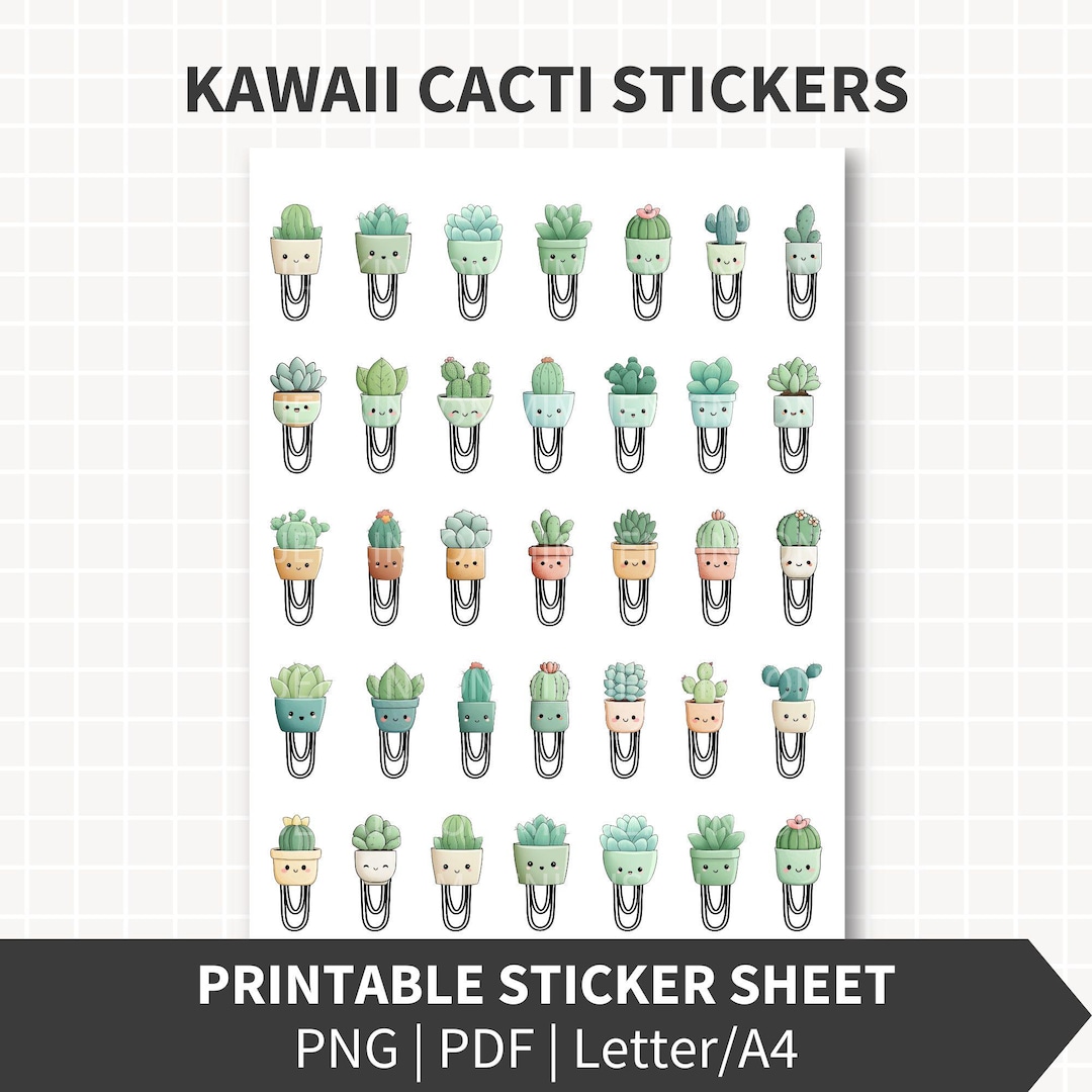KAWAII CACTI Printable Stickers, Cute Cactus Planner Stickers ...