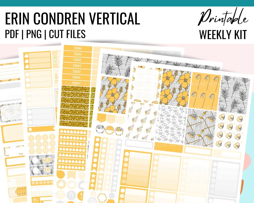 PRINTABLE YELLOW FLOWERS Planner Stickers, Erin Condren Vertical ...