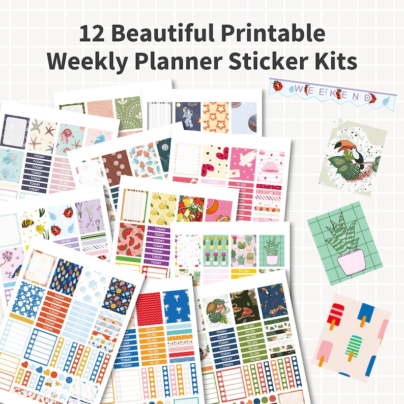 12 Weekly Planner Stickers Kits Bundle, Printable Sticker Kit, PNG PDF ...