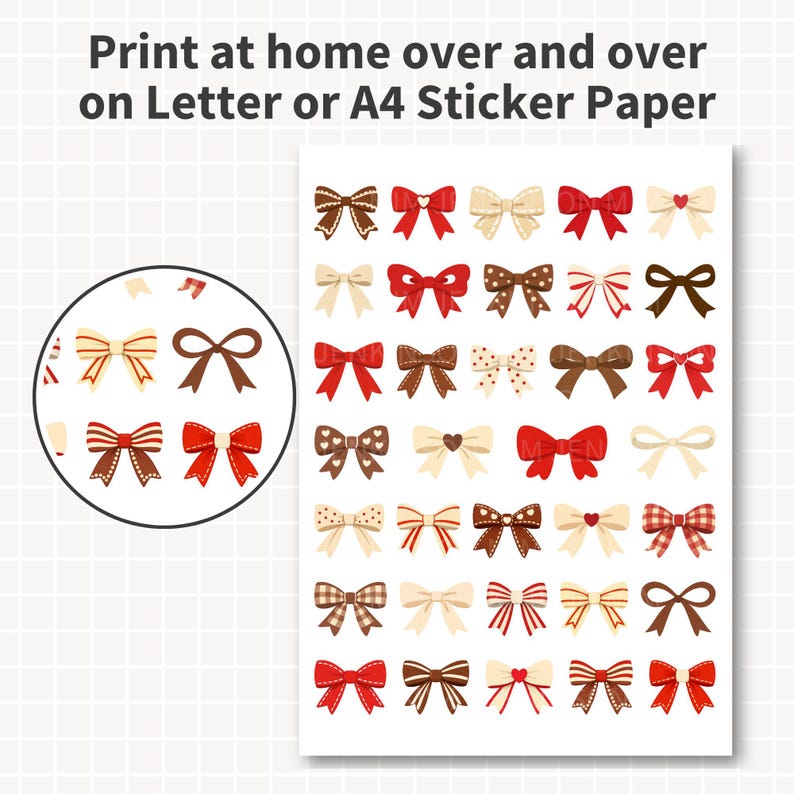 VALENTINE BOW Stickers Printable, Love Romance Bows in Red Cream Brown ...