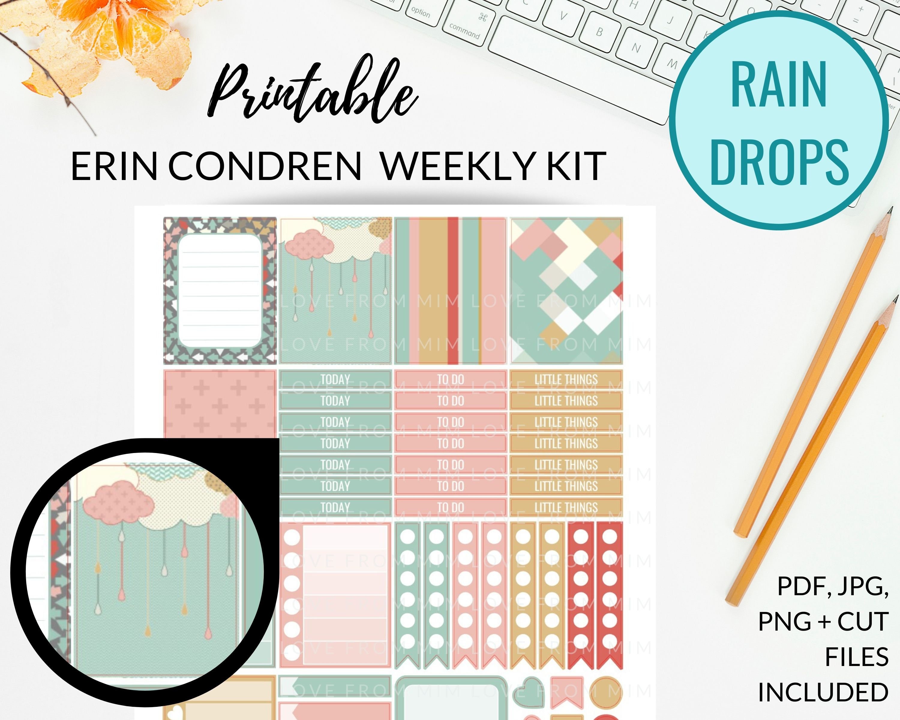 PRINTABLE RAINDROPS Planner Stickers Weekly Planner Kit Erin | Etsy