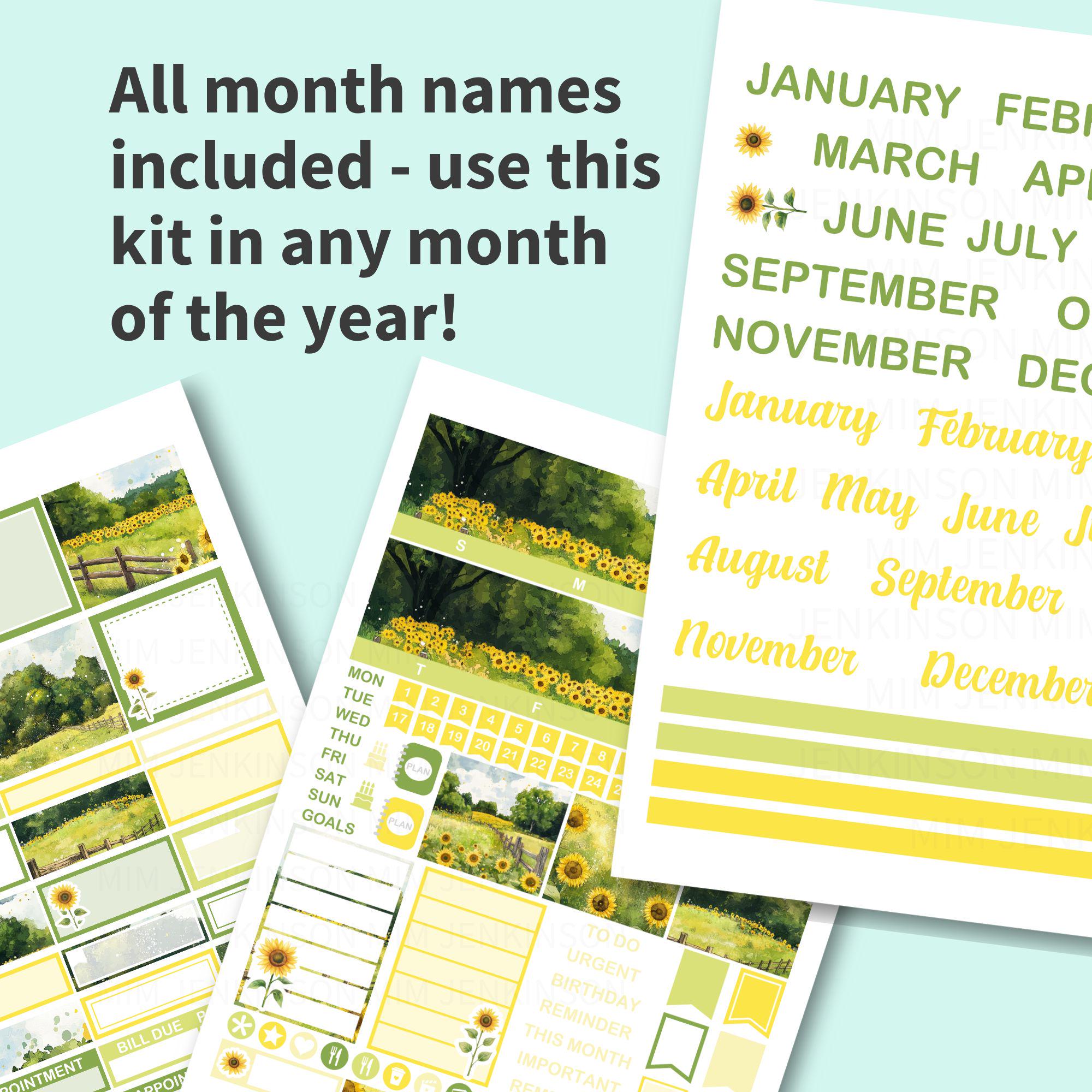 JUNE Monthly Printable Sticker Kit, Sunflowers Summer Fields Spring ...