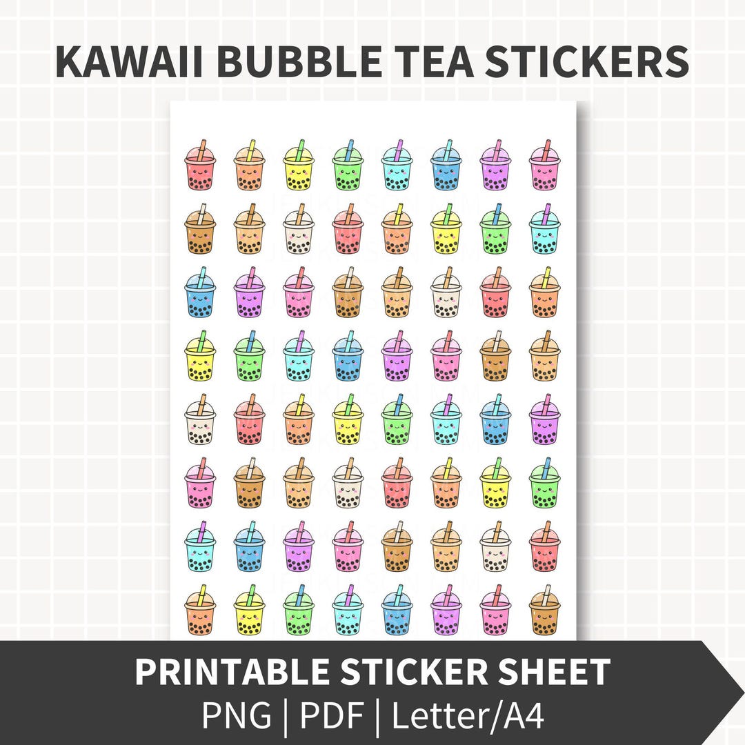 KAWAII BUBBLE TEA Stickers Printable, 64 Cute 1 Inch Boba Tea Designs ...