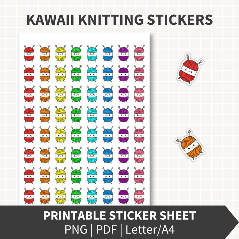 KAWAII Knitting Stickers Printable, Rainbow Yarn & Needle Icons 0.8x1 ...
