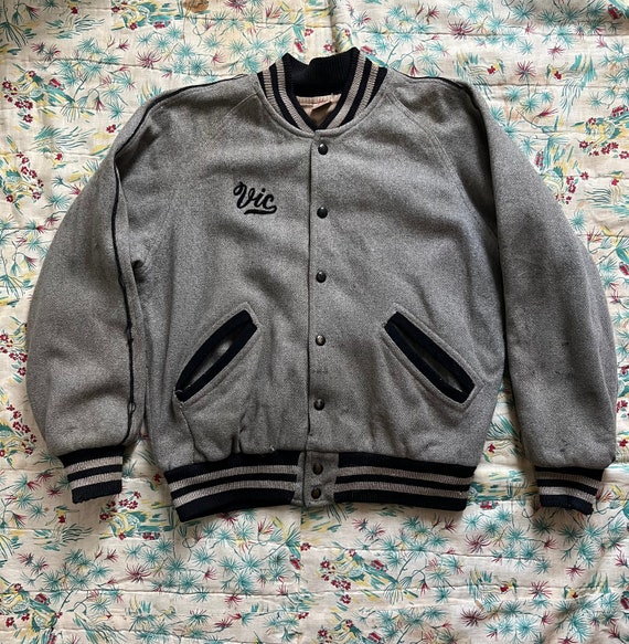 50s Varsity Jacket Grey Wool Baseball Jacket Retro Le… - Gem