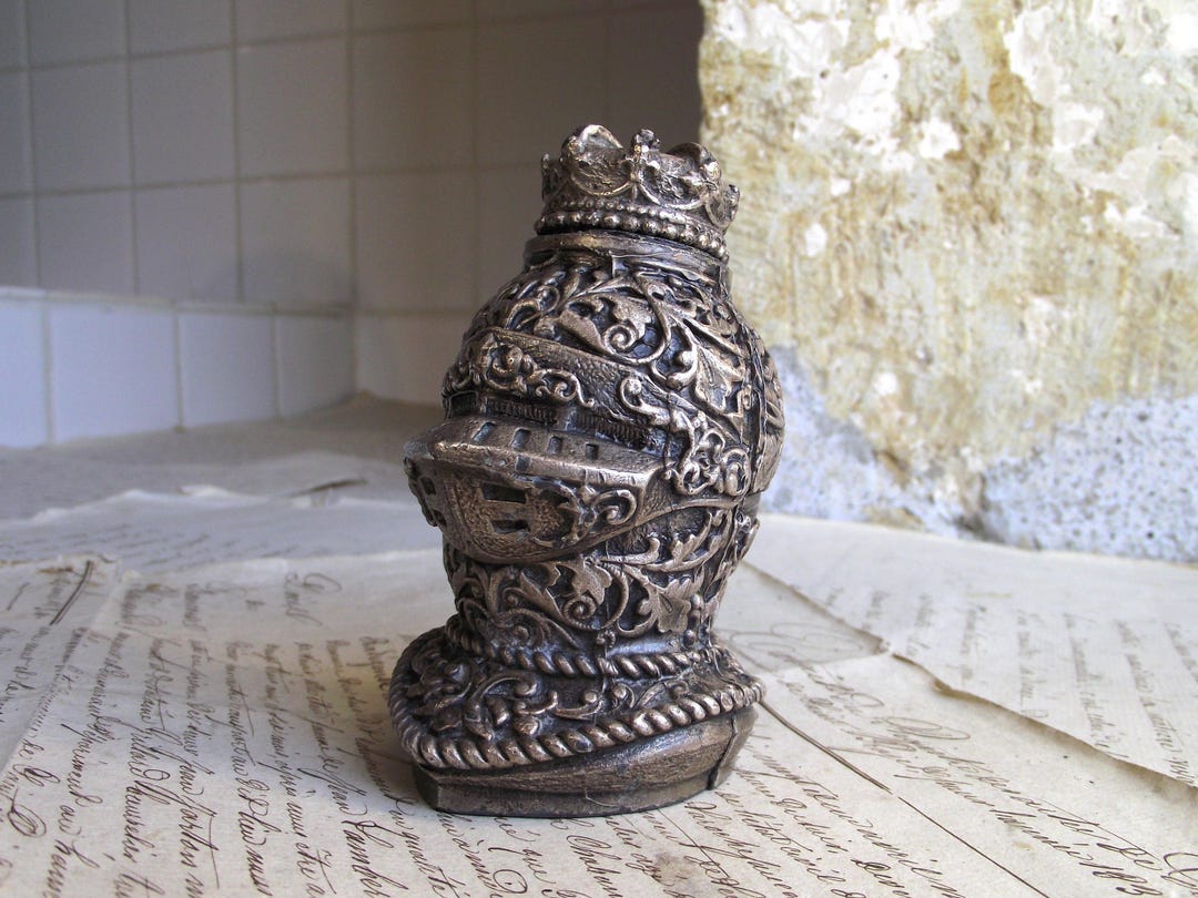 Antique French Inkwell, Knights Helmet Inkwell, Medieval Arming Cap ...