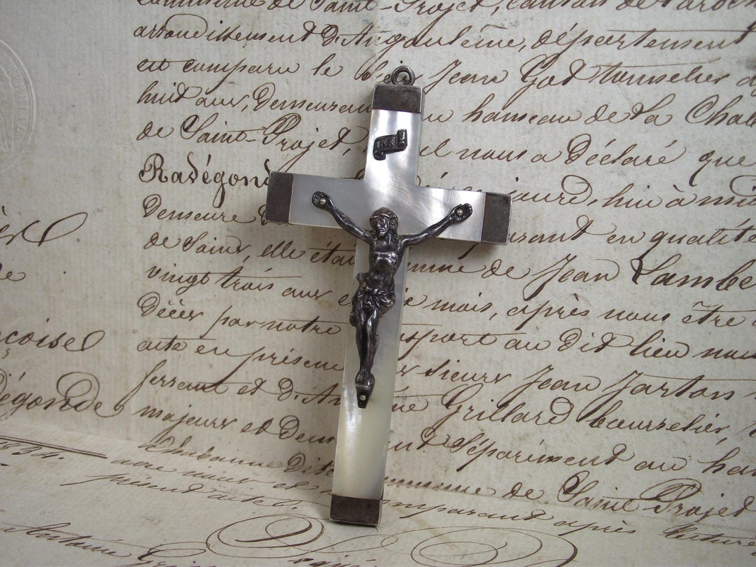 Large Antique French Mother of Pearl and Silver Communion Cross, Large ...