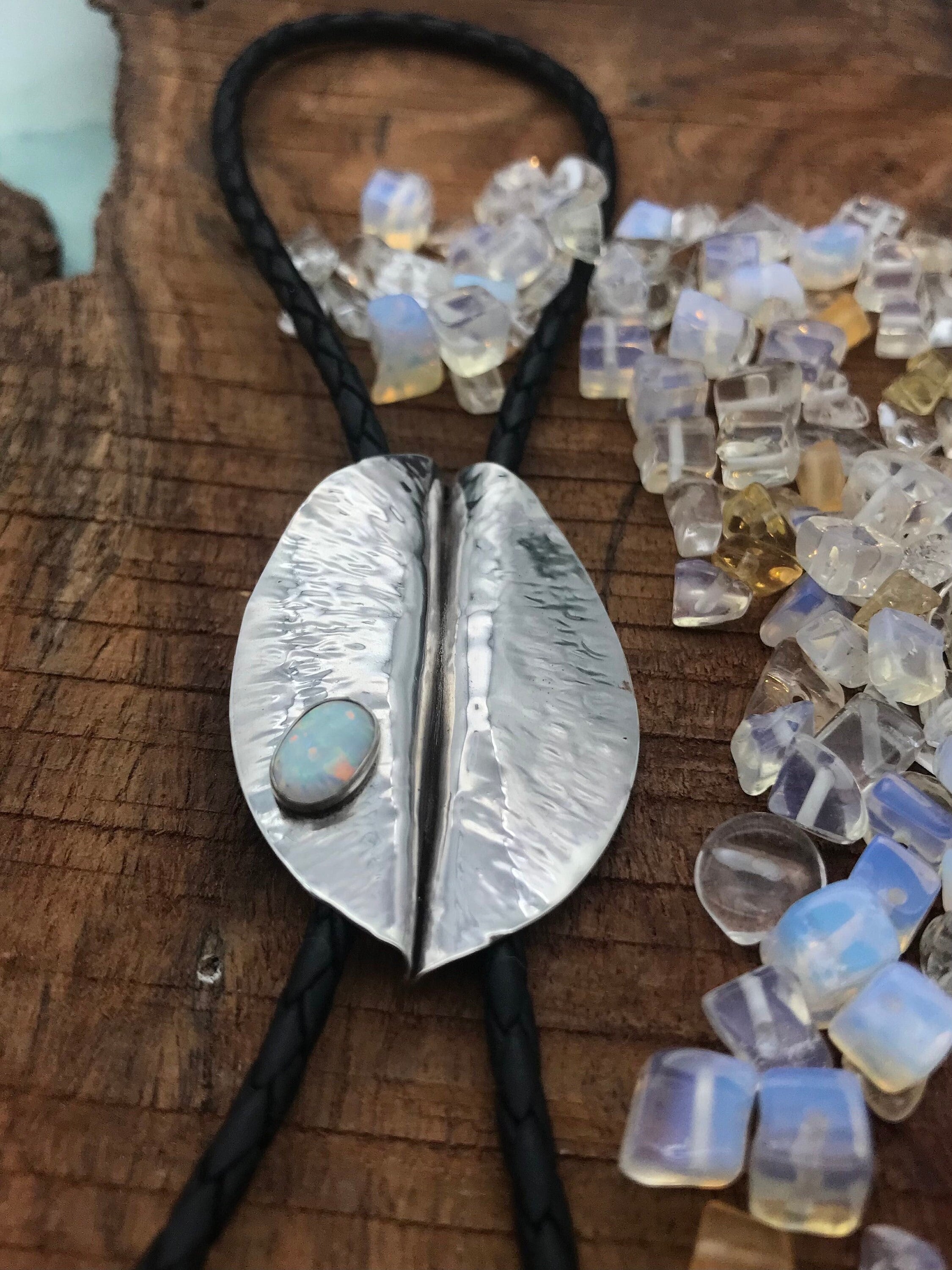 Sterling Silver Leaf Bolo Tie With an Opal Cabochon, Gemstone Bolo Tie ...