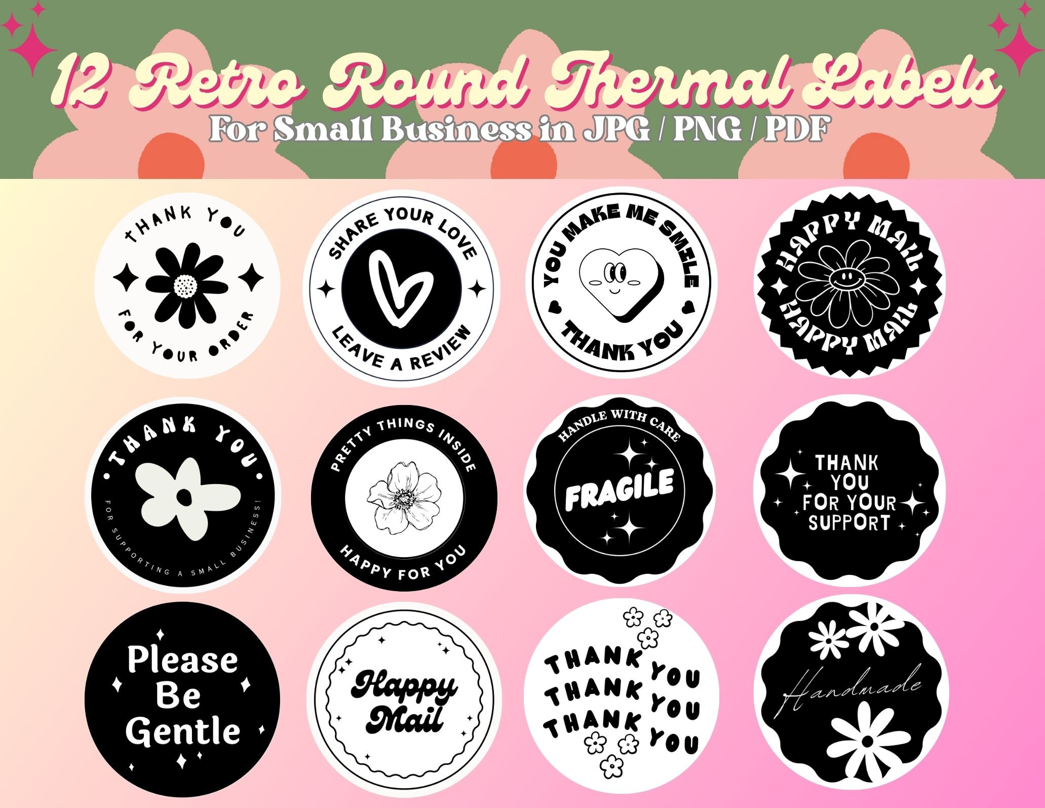 Retro Cute Round Thermal Labels for Small Business, Circle Sticker ...