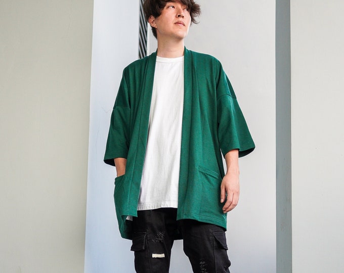 Men's Dark Green Kimono Cardigan Noragi Jacket, Oversized Japan Street ...