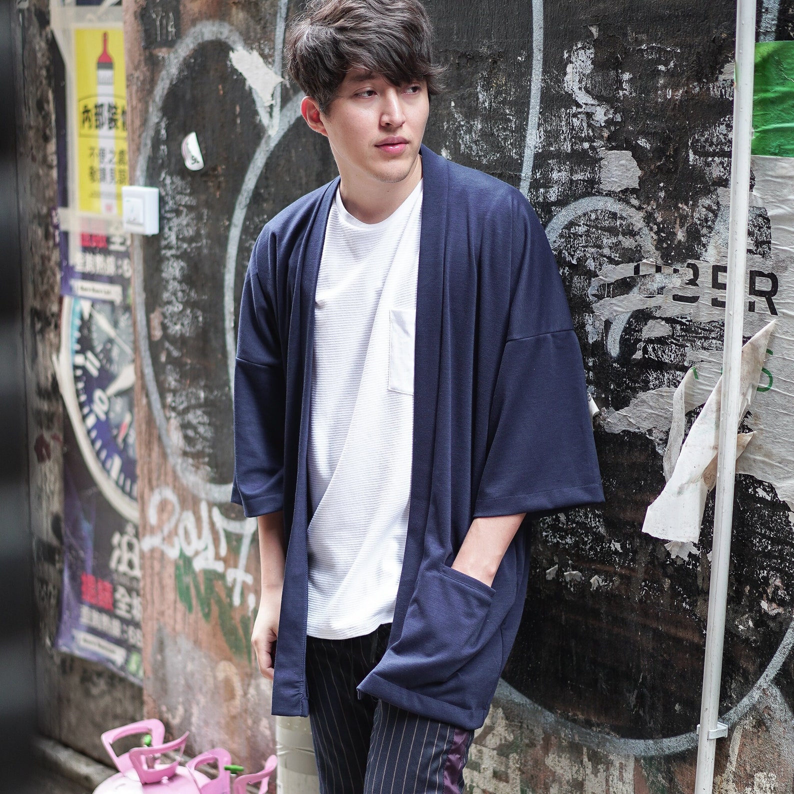 Men's Navy Japan Kimono Cardigan, Man Noragi Coat, Unisex Oversized ...