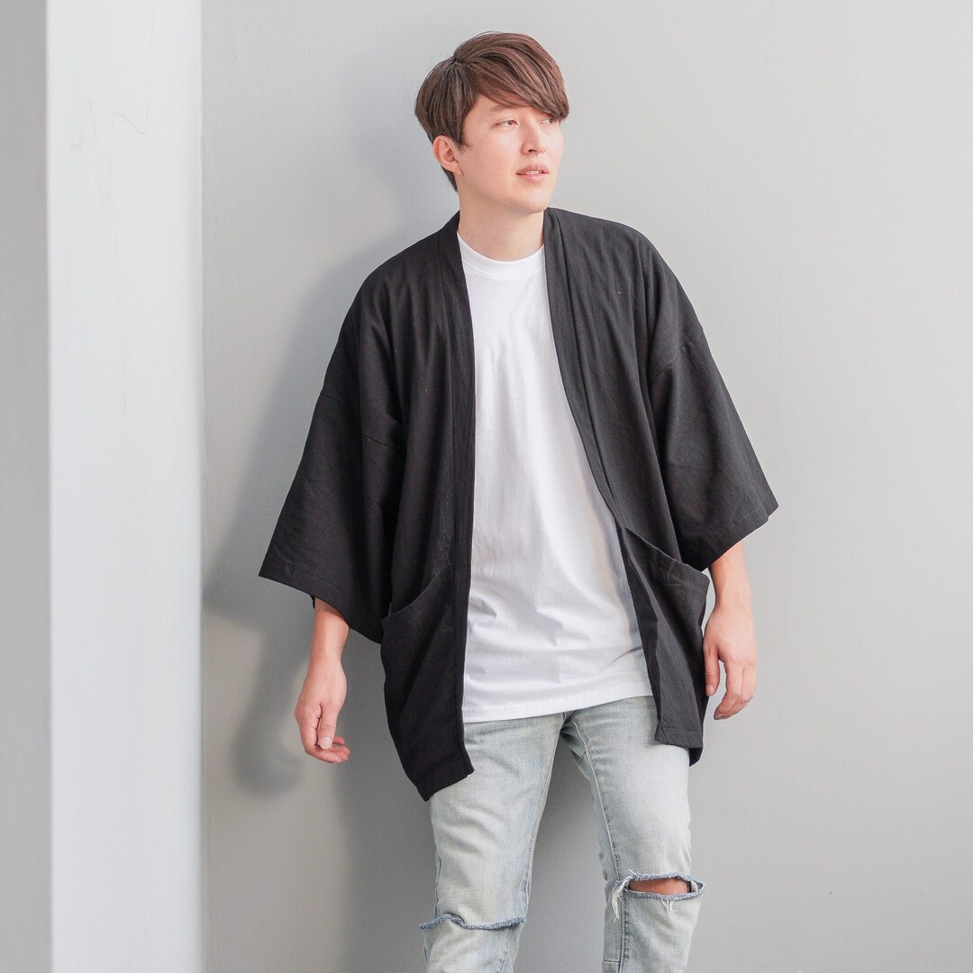 Men's Black Cotton Linen Japan Kimono Cardigan, Man Noragi Coat ...