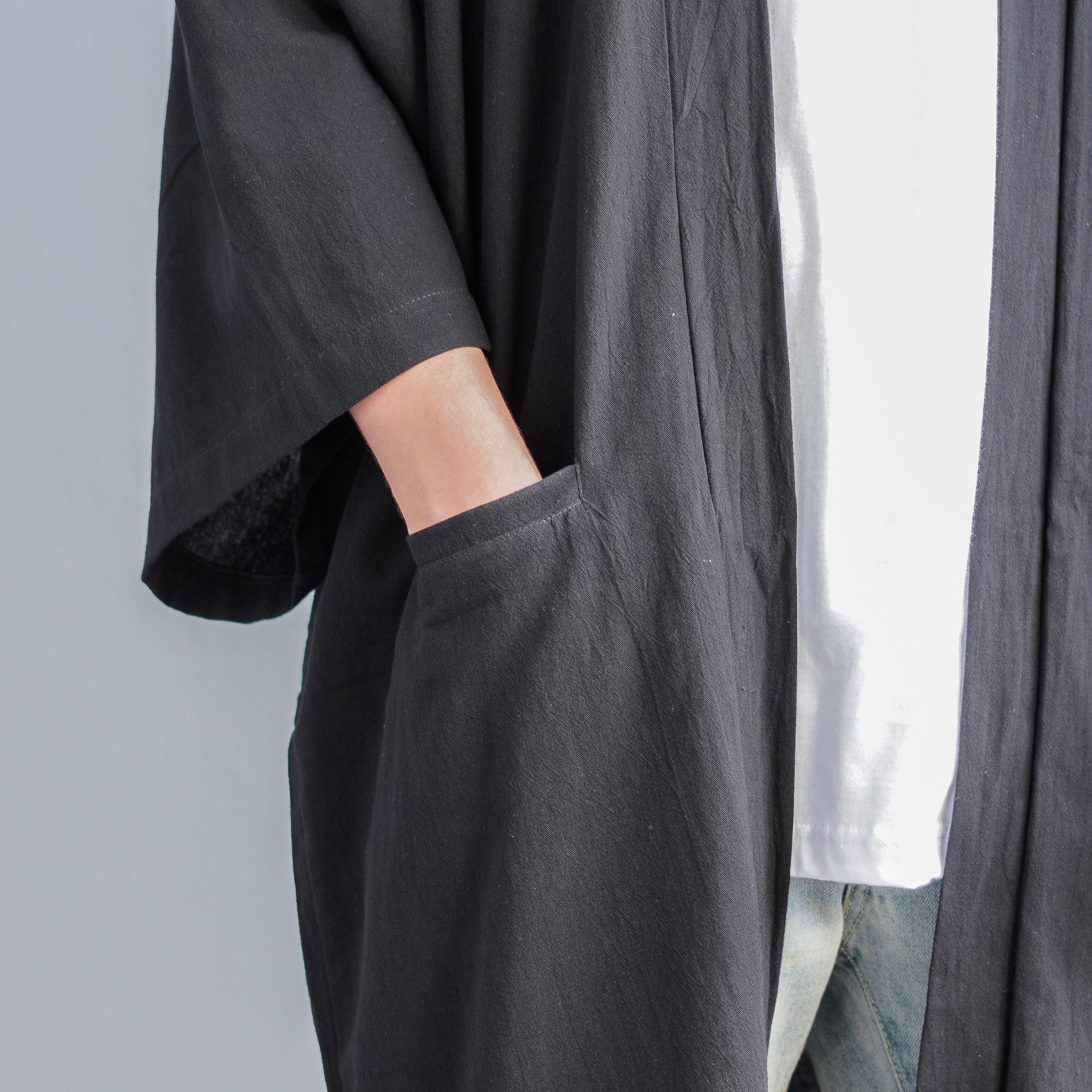Men's Black Long Cotton Linen Japan Kimono Cardigan, Man Noragi Coat ...