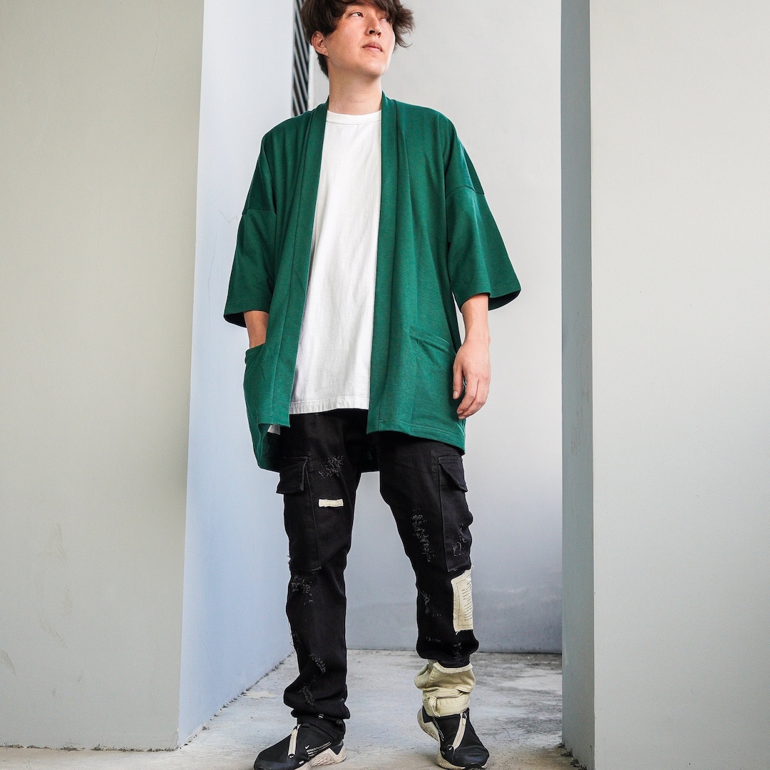 Men's Dark Green Kimono Cardigan Noragi Jacket, Oversized Japan Street ...