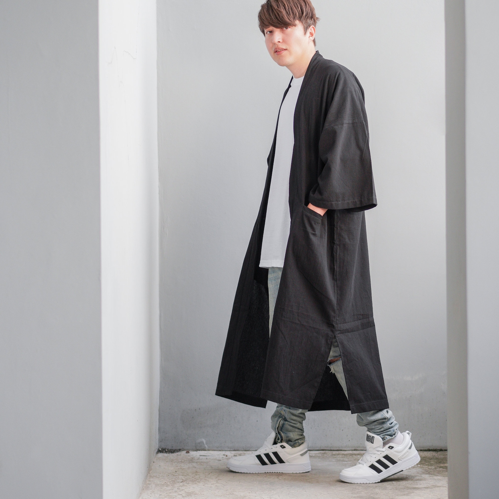 Men's Black Long Cotton Linen Japan Kimono Cardigan, Man Noragi Coat ...