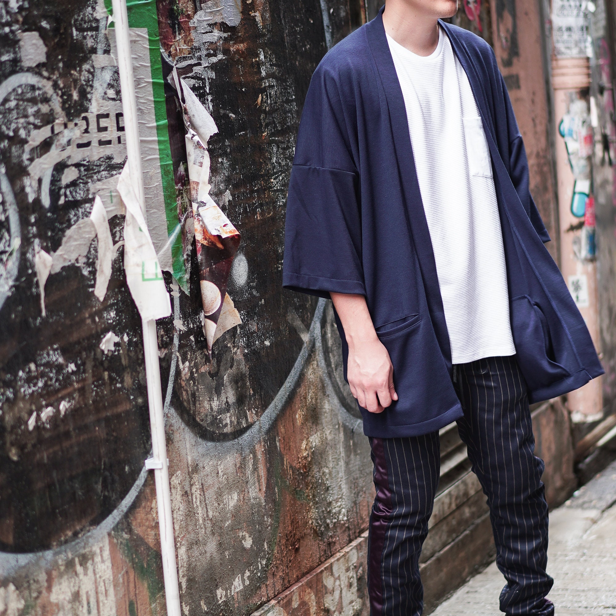 Men's Navy Japan Kimono Cardigan, Man Noragi Coat, Unisex Oversized ...