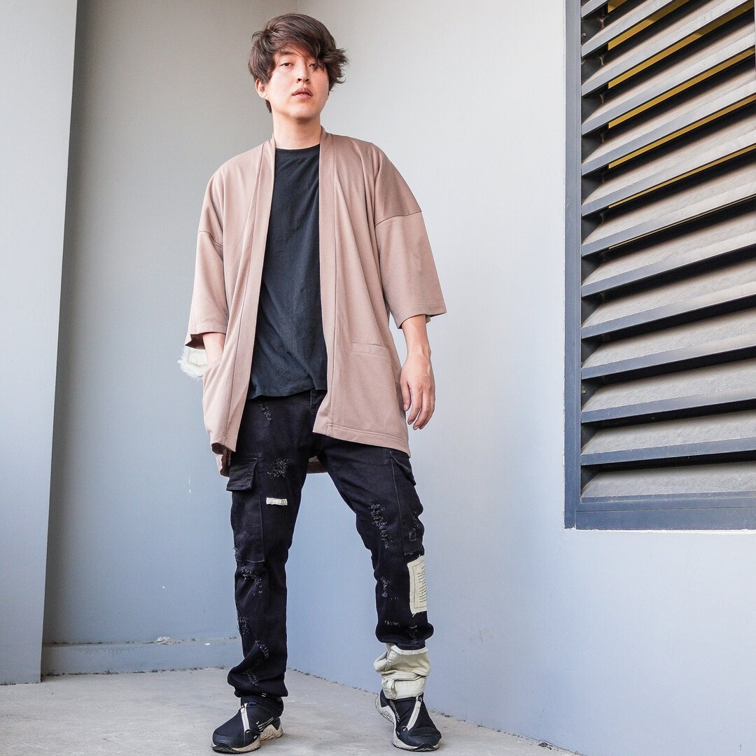 Men's Brown Kimono Cardigan Noragi Jacket, Oversized Japan Street Man ...