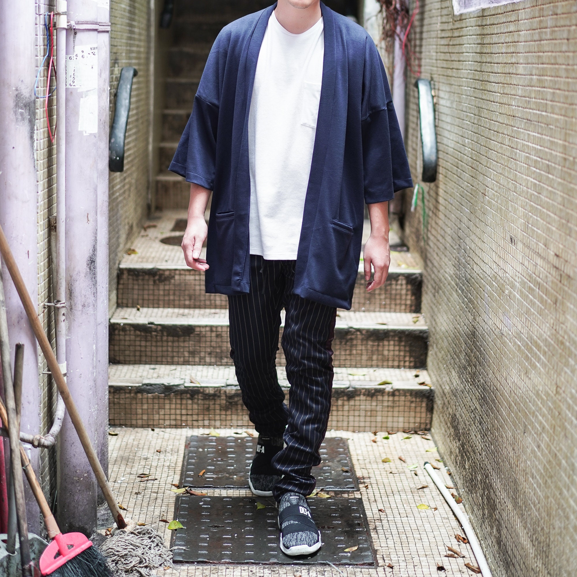 Men's Navy Japan Kimono Cardigan, Man Noragi Coat, Unisex Oversized ...