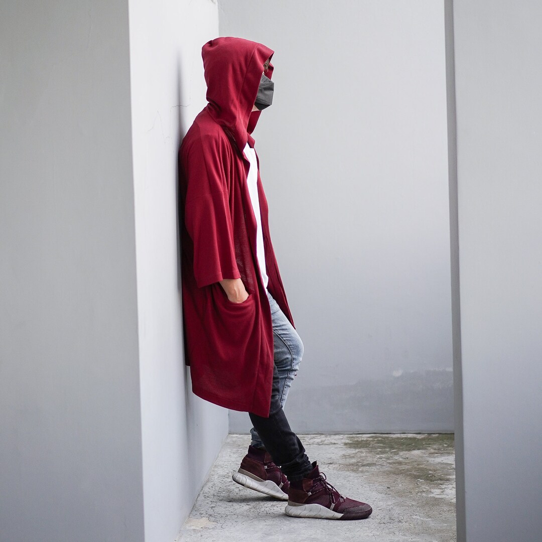 Men's Dark Red Long Noragi Hoodie, Man Kimono Cardigan, Oversized ...