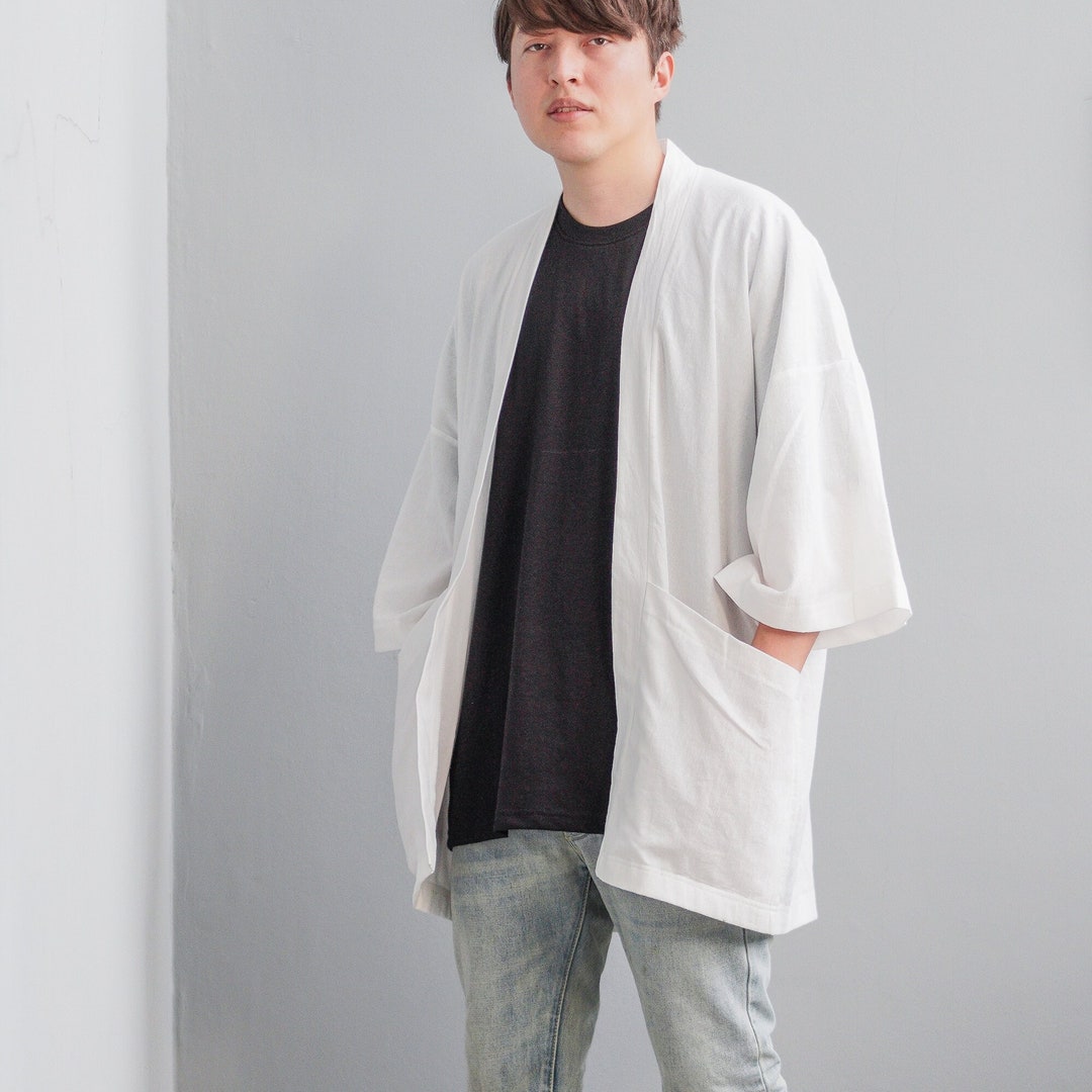 Men's off White Cotton Linen Japan Kimono Cardigan, Man Noragi Coat ...