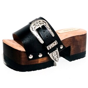 Vintage Style Sandals Made in Black Leather With Silver Buckle. Black ...