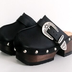 70's Vintage Style Black Clogs, Black Leather Platform Clogs, Vintage ...