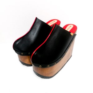 Wood Clogs, Wedge Wood Clogs, BLACK Leather Wedge Mules Closed ...