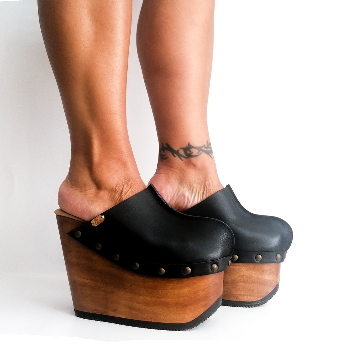 Vintage Style Leather Clogs 70's, With Vintage-inspired Wooden Wedge ...
