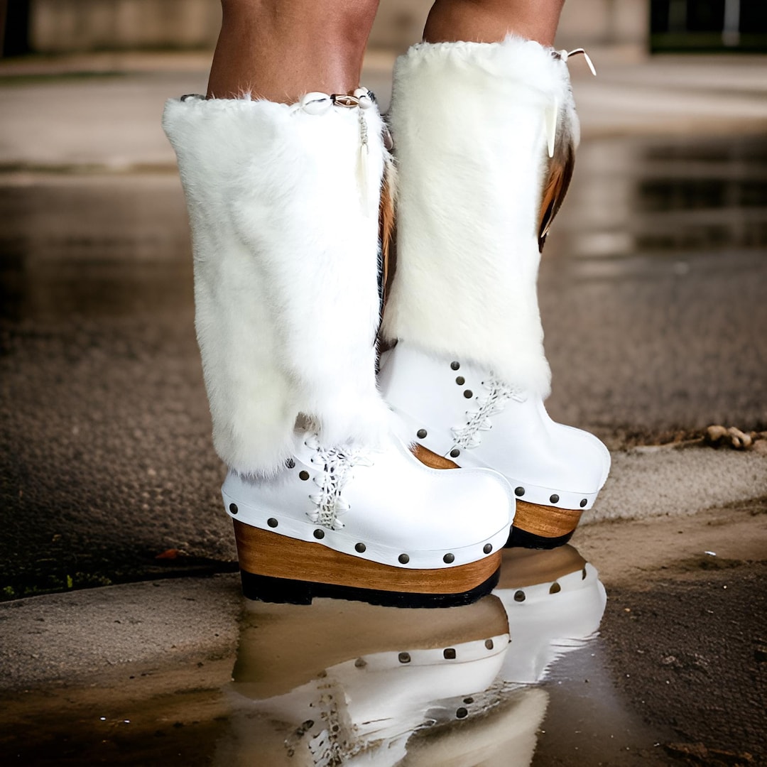 White Leather and Fur Boots With Wooden Wedge. White Platform Boots ...