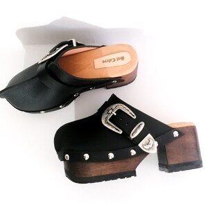 70's Vintage Style Black Clogs, Black Leather Platform Clogs, Vintage ...
