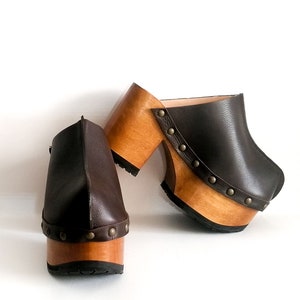 Dark Brown Leather Clogs 70's Style, Leather Clogs With Heel and ...