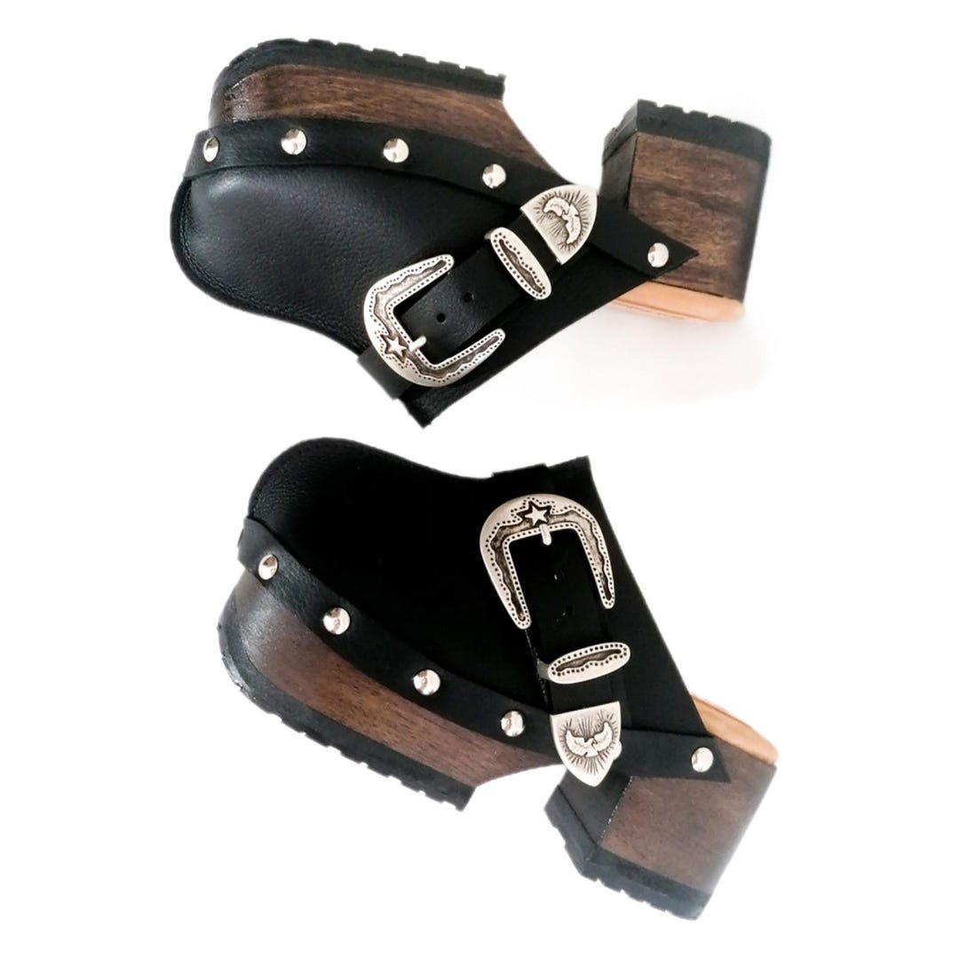 70's Vintage Style Black Clogs, Black Leather Platform Clogs, Vintage ...