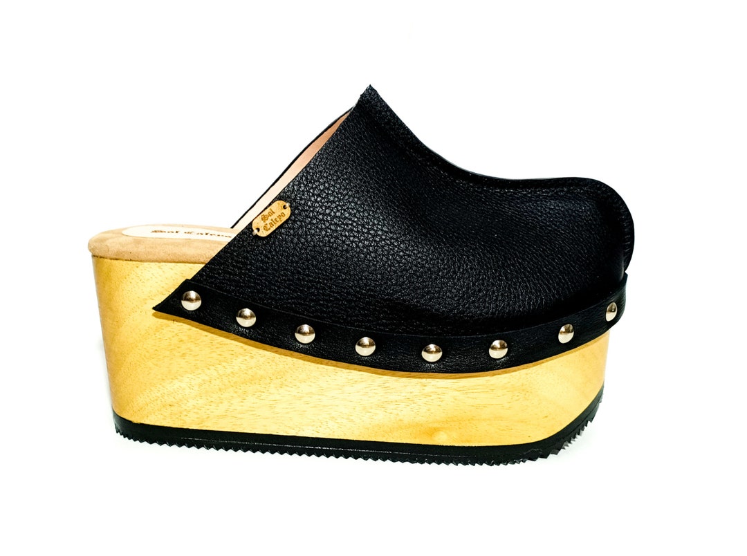 Black Vintage Style Clogs 70's, Black Leather Wedge Clogs, Vintage ...