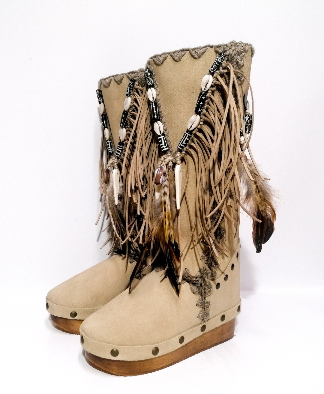 Beige Suede Leather Boots With Western Style Bangs, Boots With Wooden ...