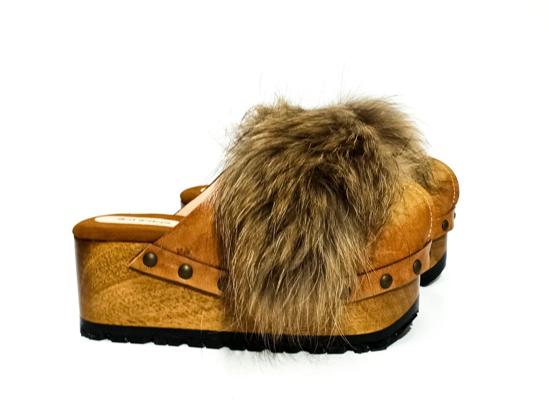 Bohemian Elegance Genuine Leather Clogs With Wooden Sole Fur Clogs ...